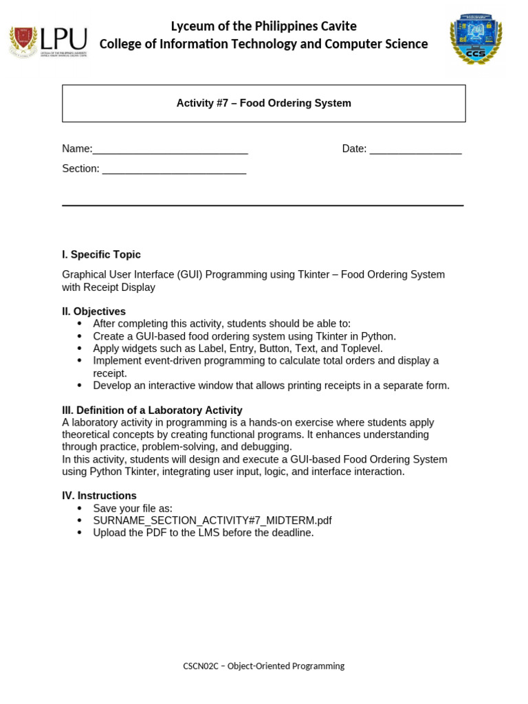 Tkinter Food Ordering System GUI | PDF