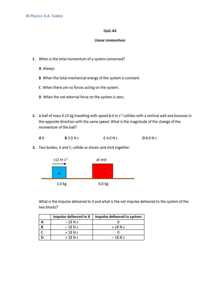 Quiz A4 Linear Momentum | PDF | Momentum | Force