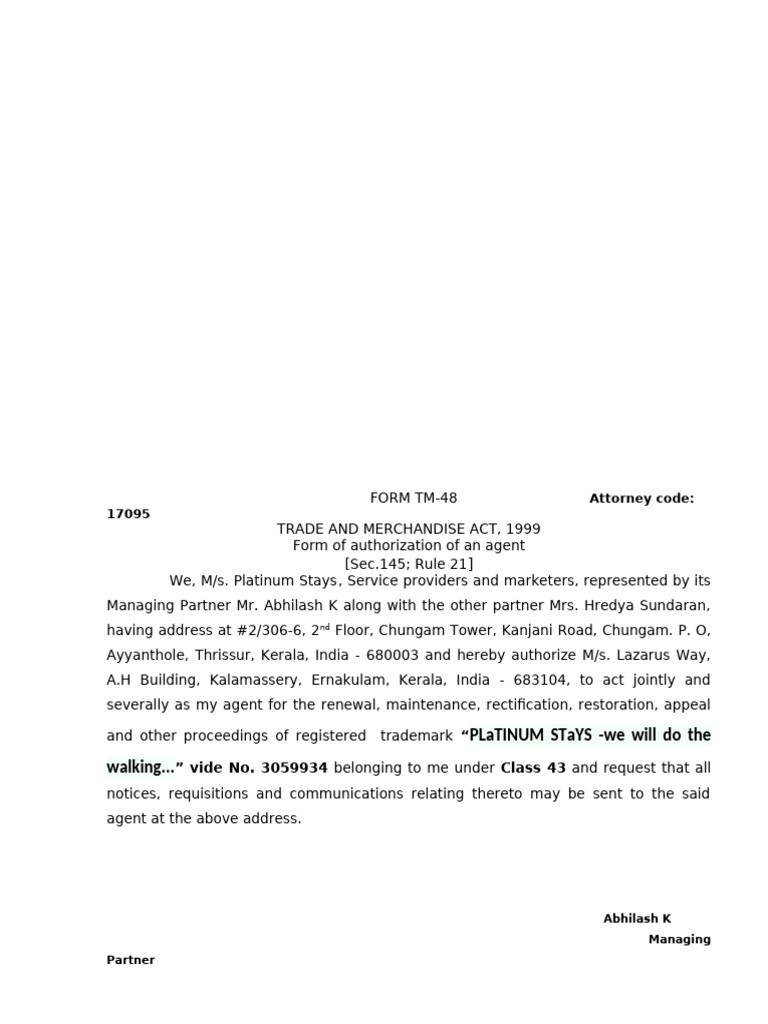 Trademark Agent Authorization Form | PDF
