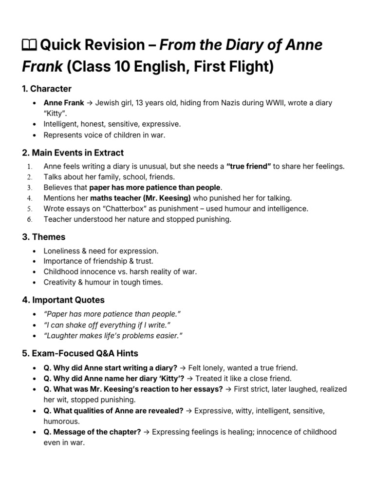 From The Diary of Anne Frank - Quick Revision | PDF