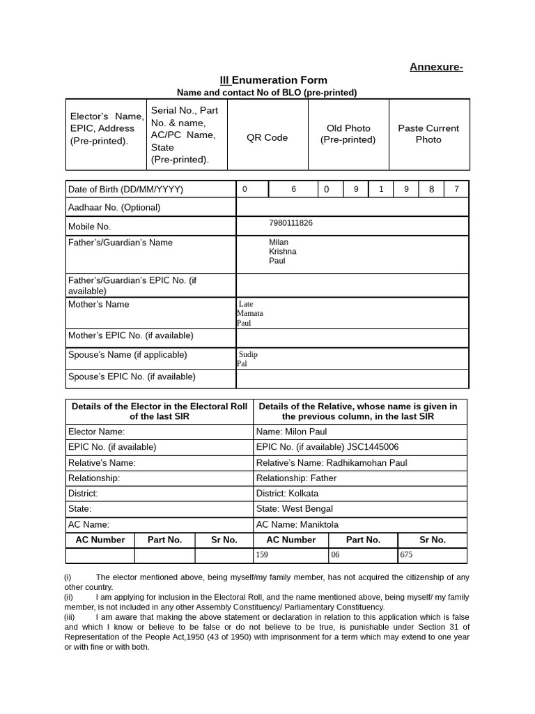 Sir Form West Bengal Debasree Pal | PDF | Government