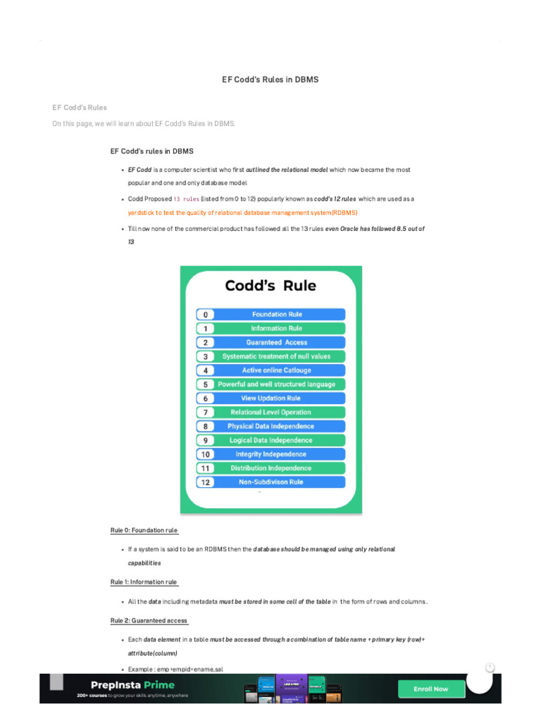 EF Codd's Rules in DBMS - Database Management System | PDF | Databases | Relational Database