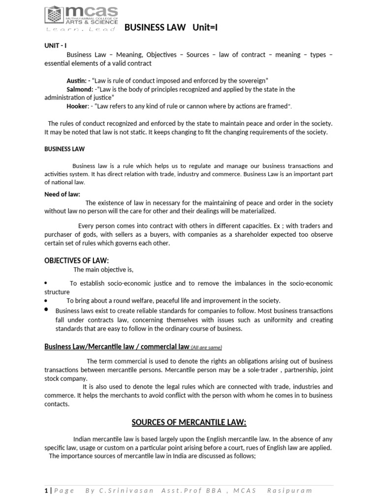 Business Law Unit 1 | PDF | Offer And Acceptance | Consideration
