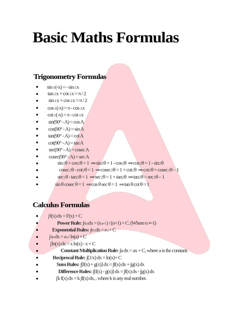 Basic Maths Formulas | PDF | Volume | Sphere