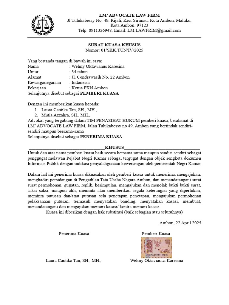 Surat Kuasa Khusus Pengadilan Ambon | PDF