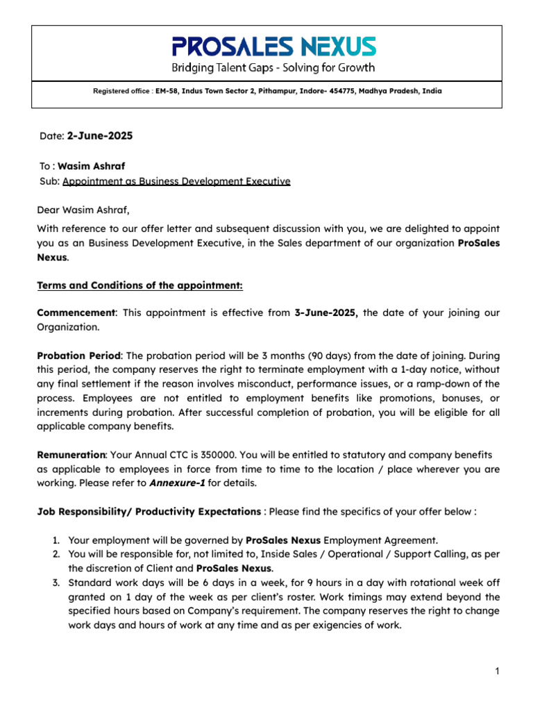Wasim Ashraf - Offer Letter - ProSales Nexus | PDF | Taxes | Employment
