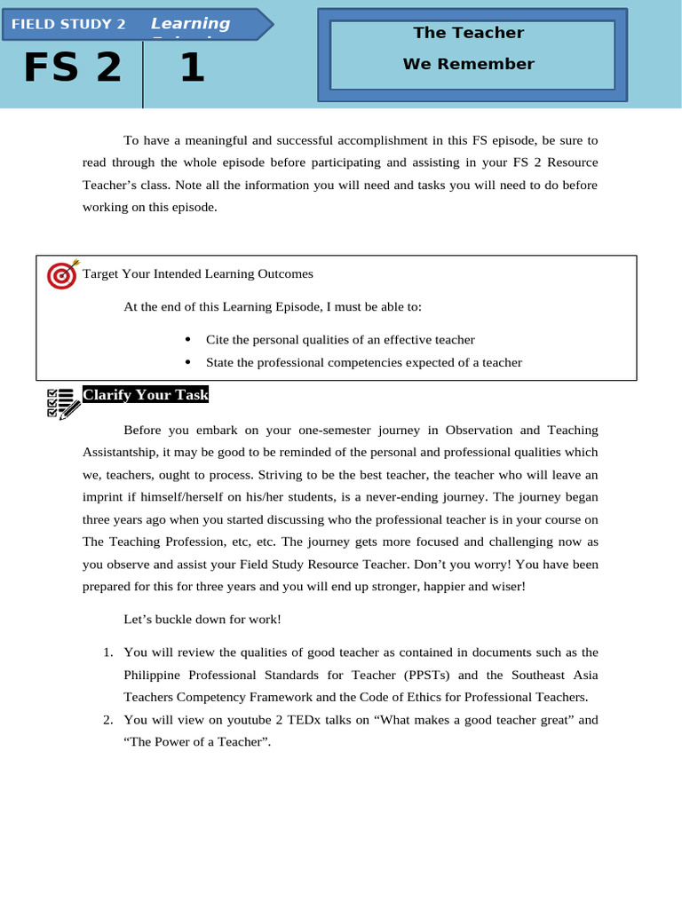 FS2 Ep1 | PDF | Learning | Teachers
