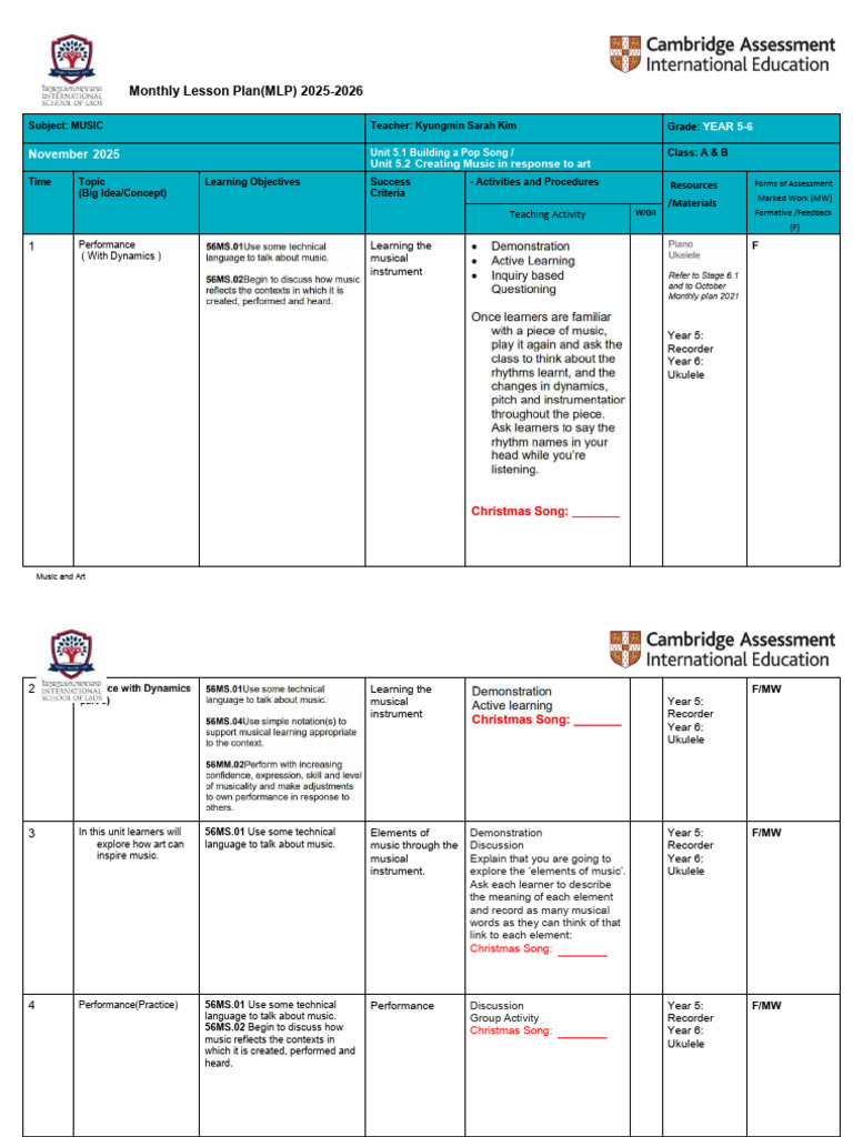 November - Y5-6 (MLP) | PDF | Lesson Plan | Pedagogy