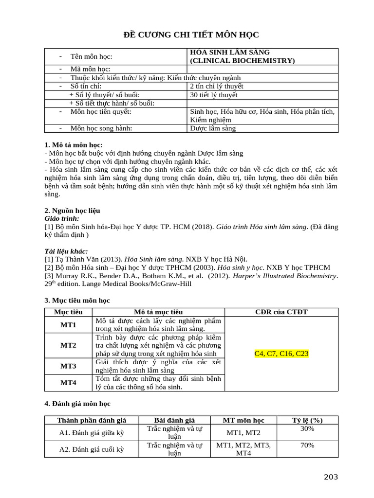 De Cuong Chi Tiet - Mon Hoa Sinh Lam Sang | PDF