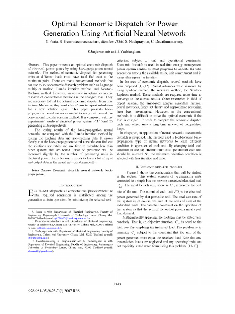 Optimal Economic Dispatch For Power Generation Using Artificial Neural ...