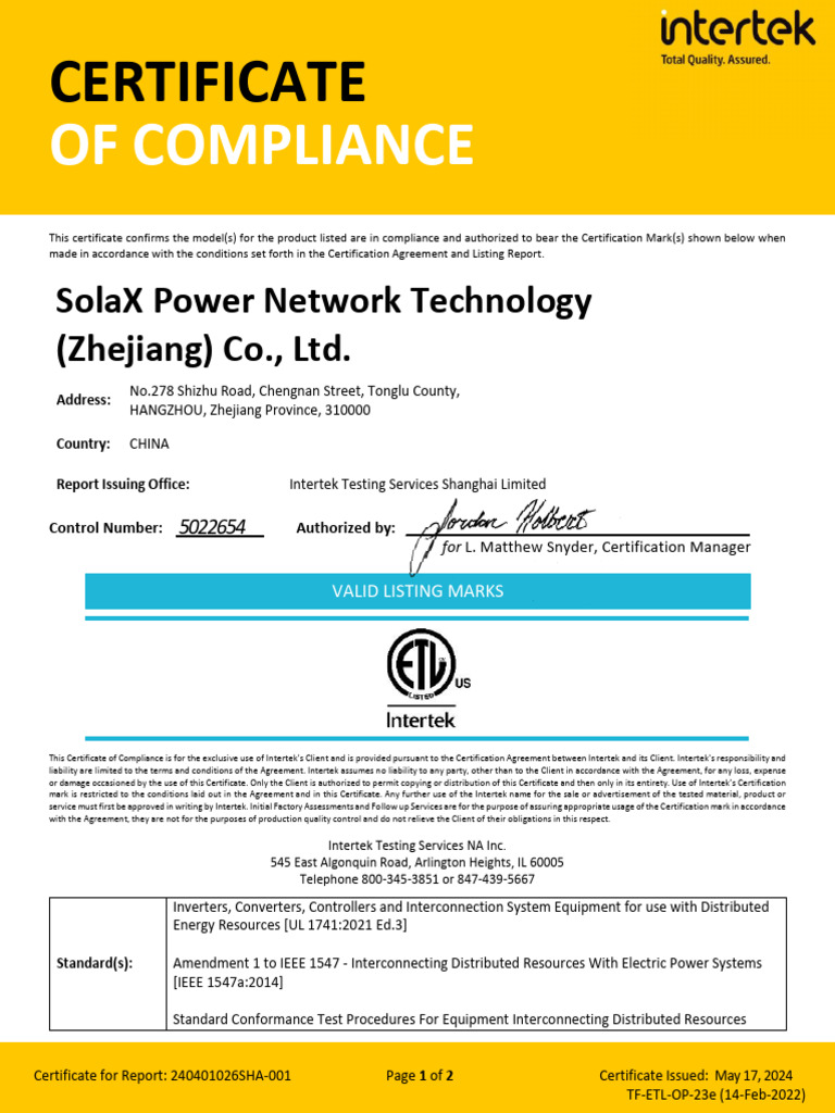 SolaX Power Inverter Compliance Certificate | PDF