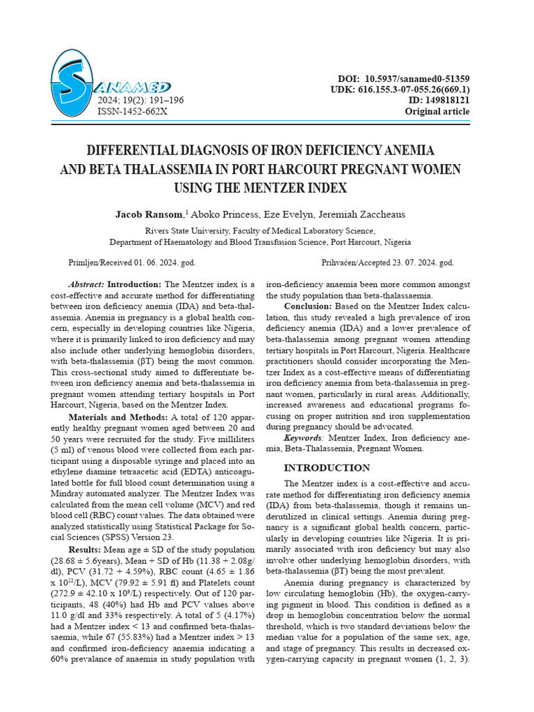 Differential Diagnosis of Iron Deficiency Anemia | PDF | Anemia ...