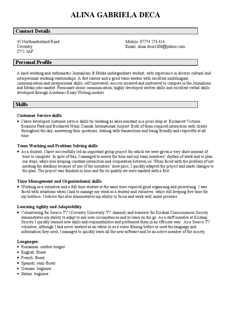 Aspiring Journalist Seeks Entry-Level Position in Media: Resume and ...