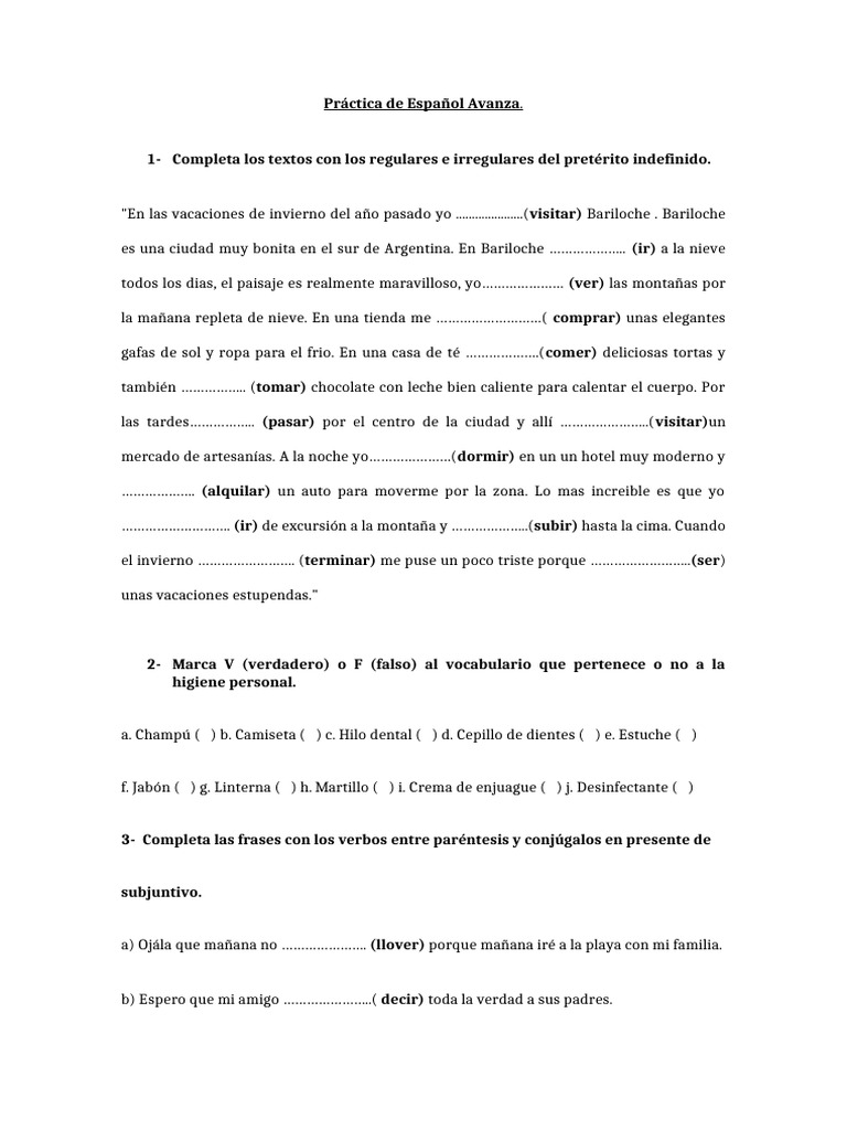 Práctica de Español Avanza | PDF | Higiene oral