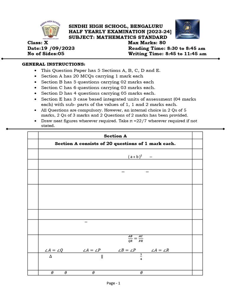 CL X HY Math | PDF | Area | Elementary Mathematics