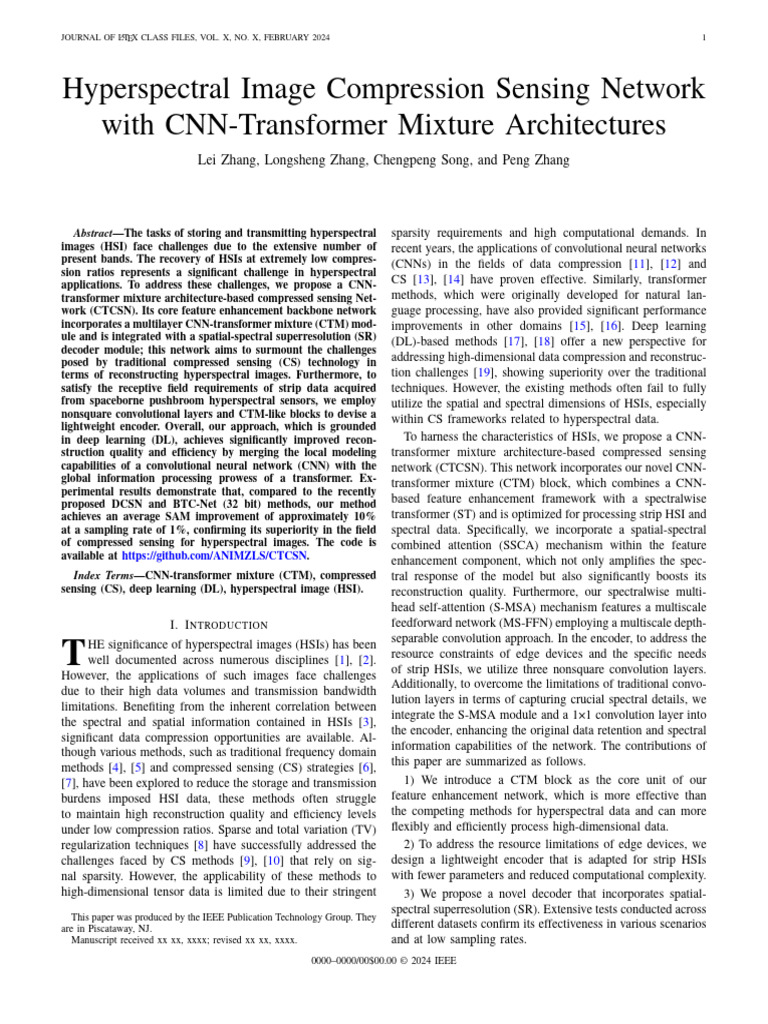 Hyperspectral Image Compression Sensing Network With CNN-Transformer Mixture Architectures | PDF ...