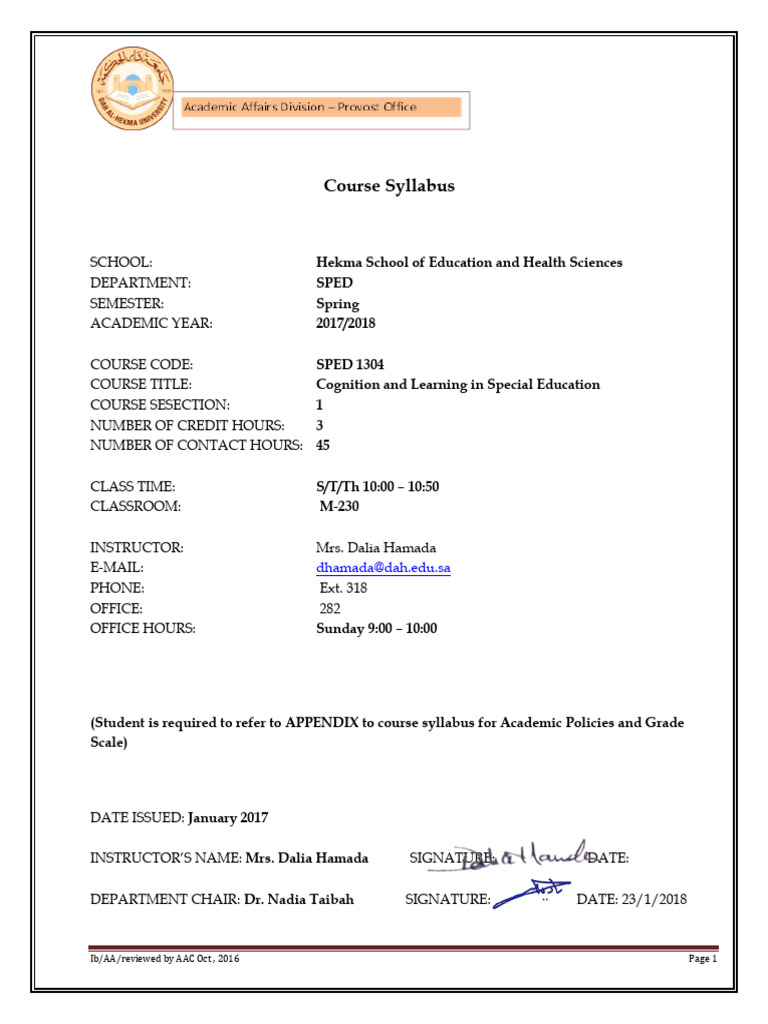Ms - Dalia-Course Syllabus - Cognition Spring 2018-Signed | PDF ...