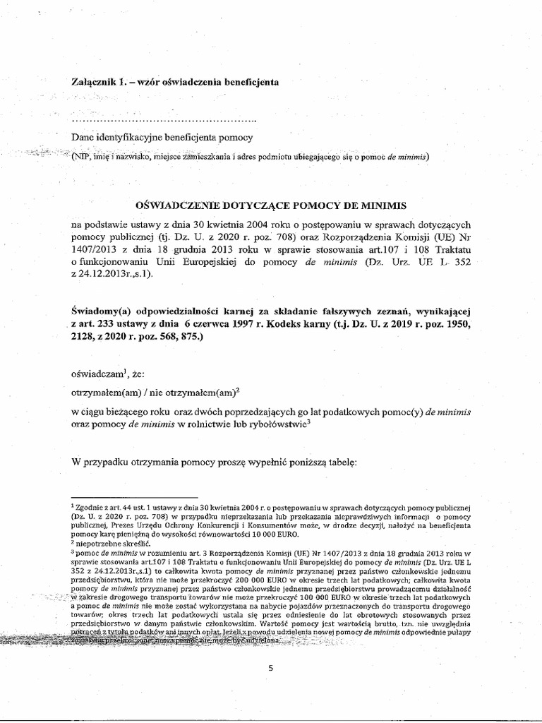 Oswiadczenie de Minimis | PDF