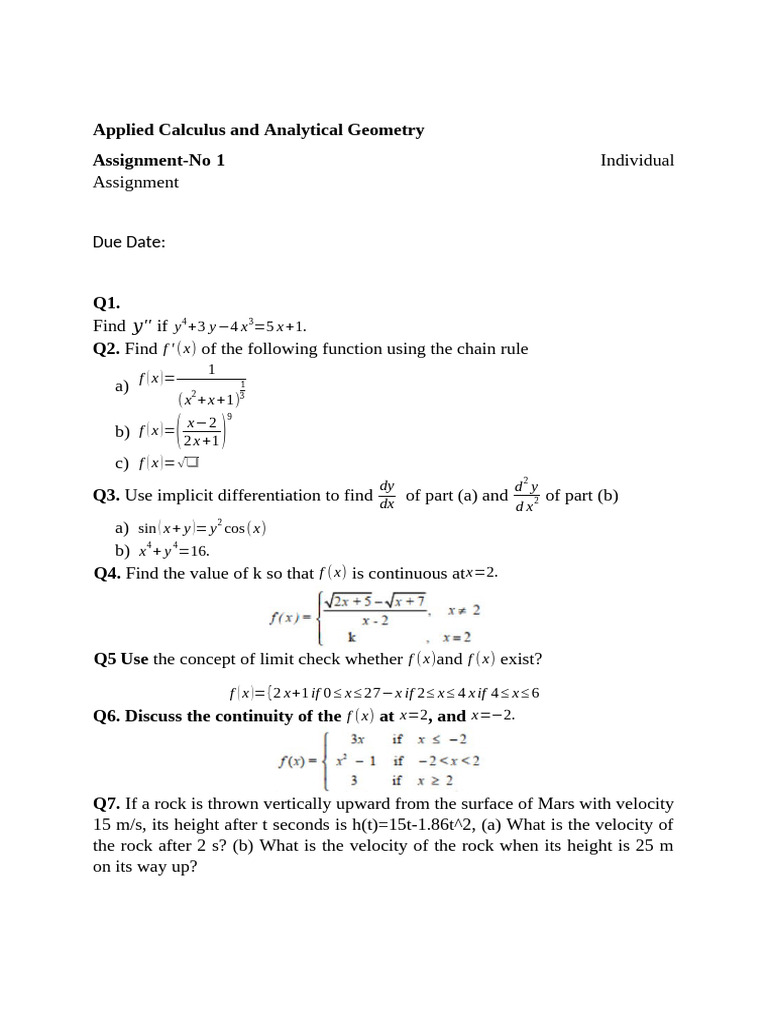 Applied Calculus Assignment 1 Solutions | PDF