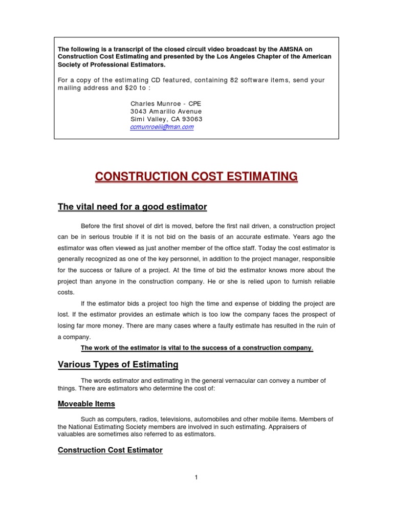 Construction Cost Estimating Guide Pdf Specification Technical