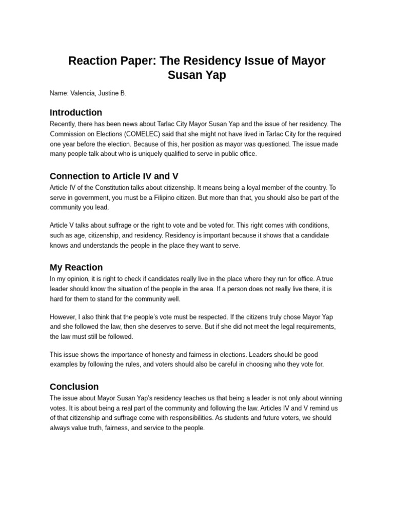 Reaction Paper Mayor Susan Yap Formatted | PDF