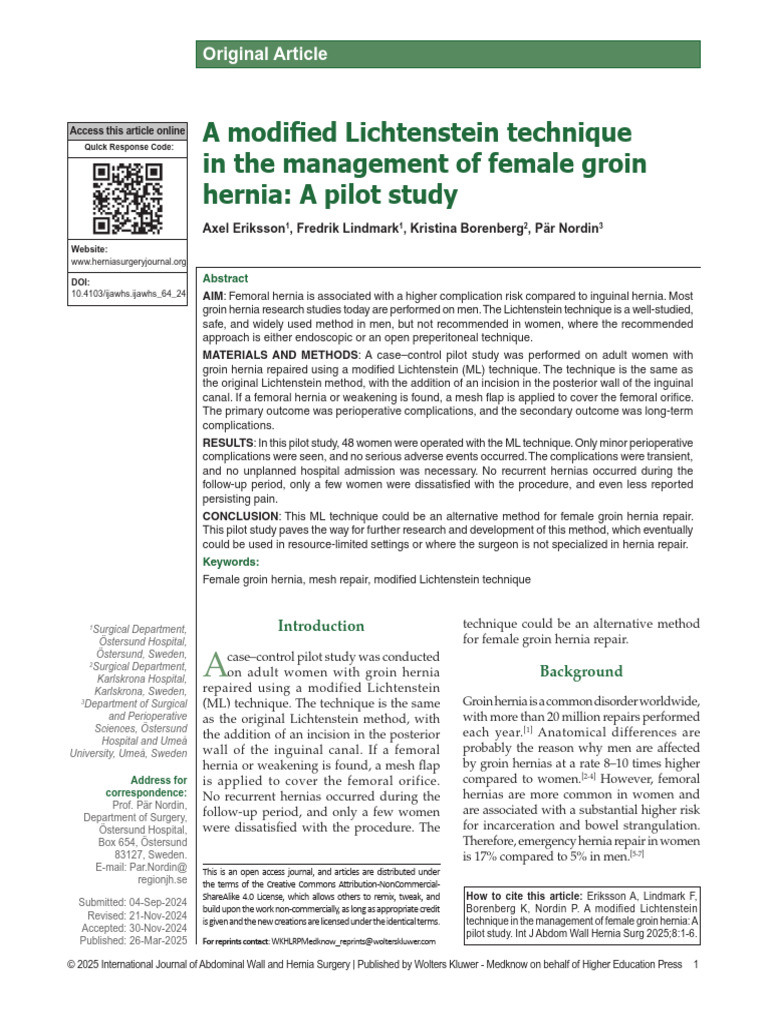 Modified Lichtenstein Technique for Female Hernias | PDF | Medical ...