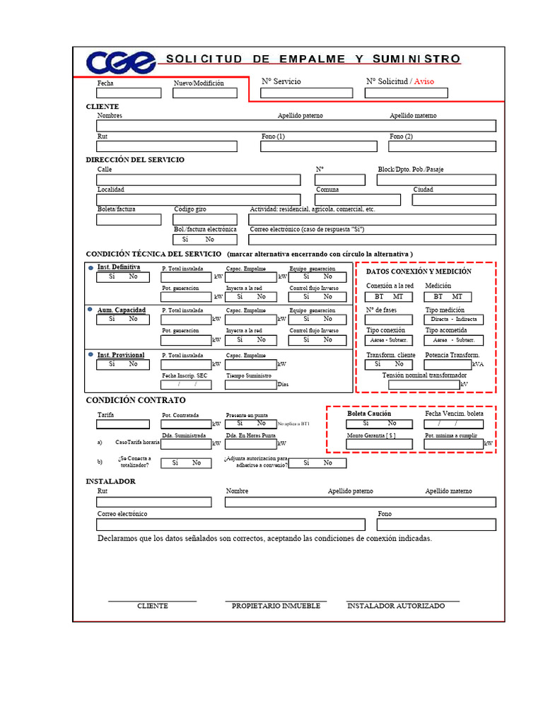 Solicitud de empalme y suministro (V5).xlsx | PDF | Electricidad | Ingenieria Eléctrica