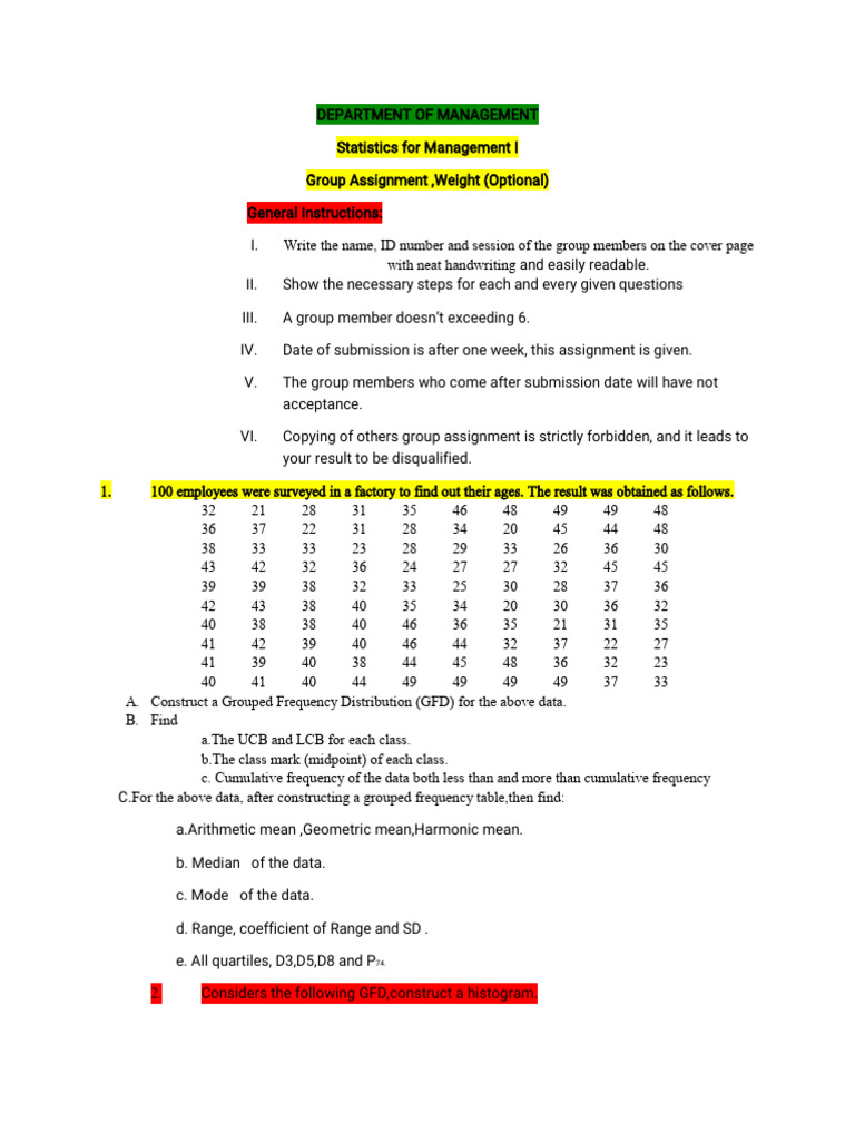 Statistics For Management I Assignment | PDF | Mean | Mode (Statistics)