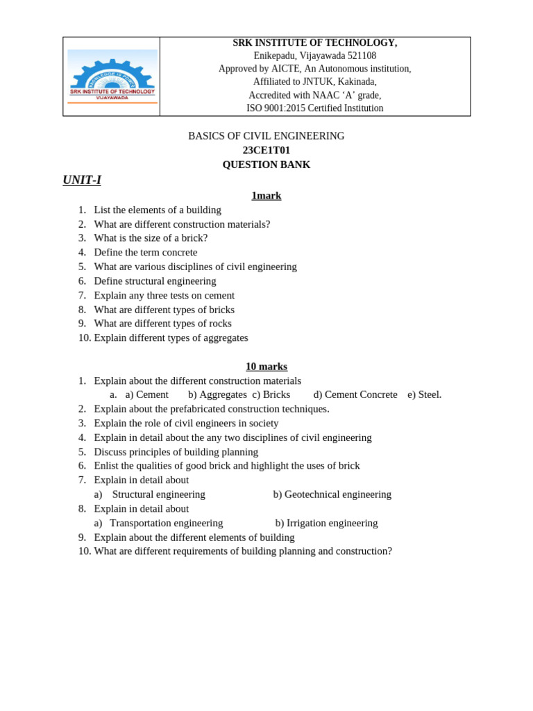 Basics of Civil Engineering-Question Bank | PDF | Civil Engineering ...