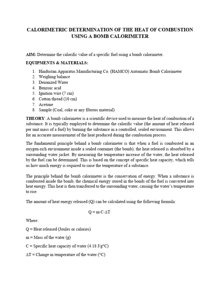 Calorimetric Determination of The Heat of Combustion Using A Bomb Calorimeter | PDF | Heat ...