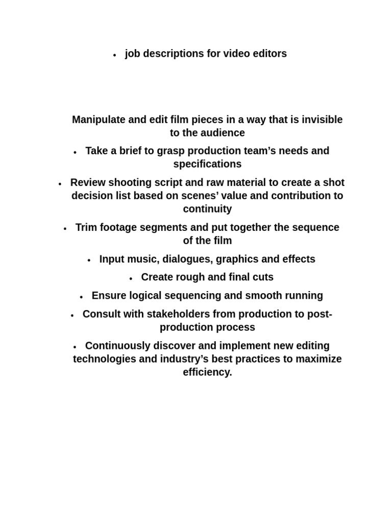 Video Editor Job Description Guide | PDF