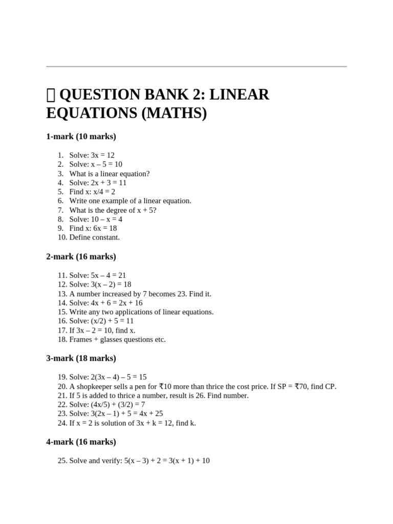 Linear Equation Question Bank | PDF