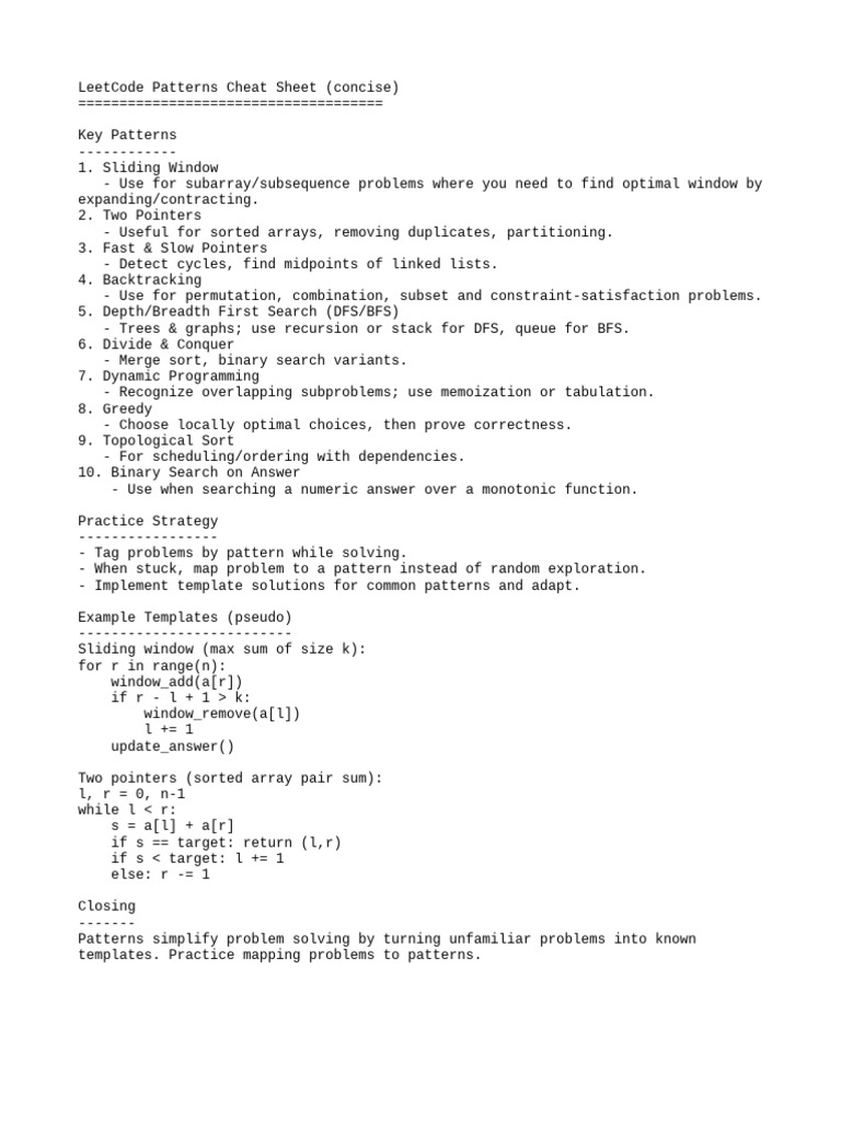 05 LeetCode Patterns Cheat Sheet | PDF