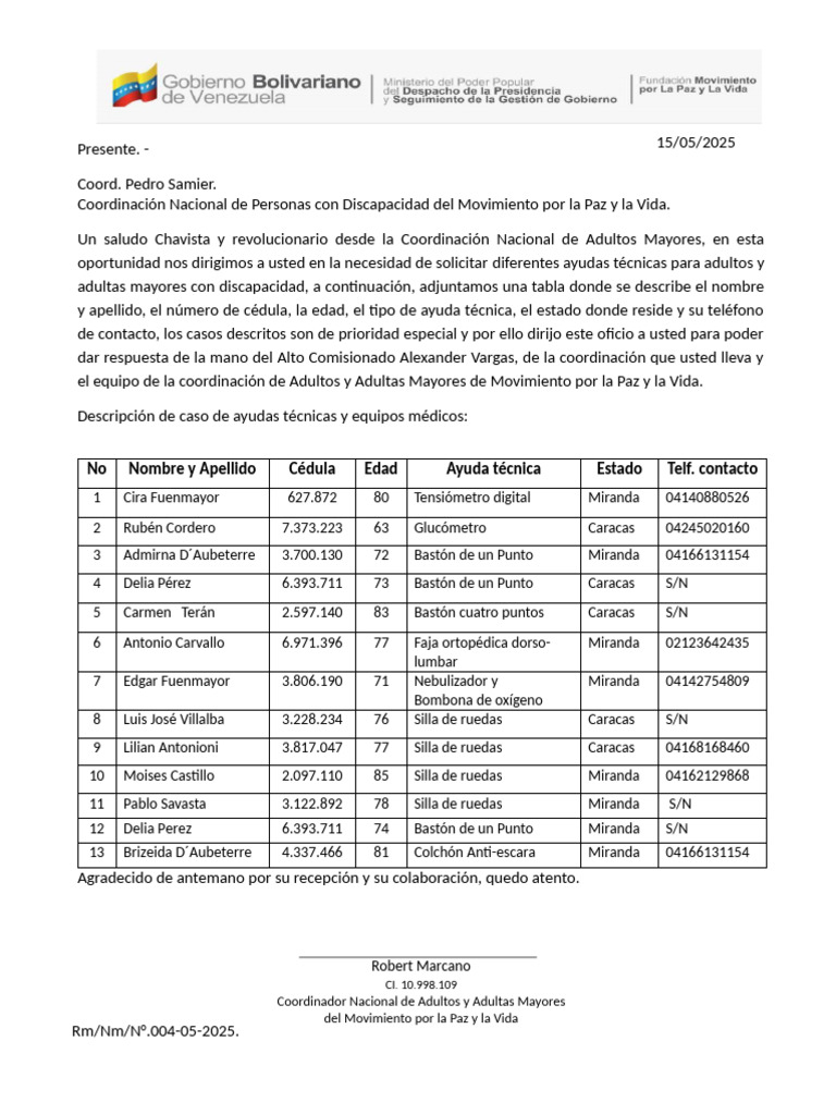 Carta Ayudas Tecnicas Pedro Sarmier | PDF