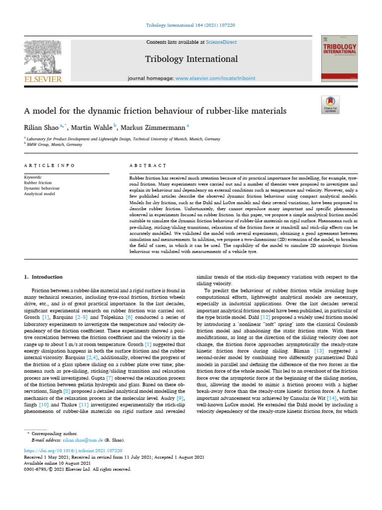 Dynamic Friction Model for Rubber Materials | PDF | Friction | Force