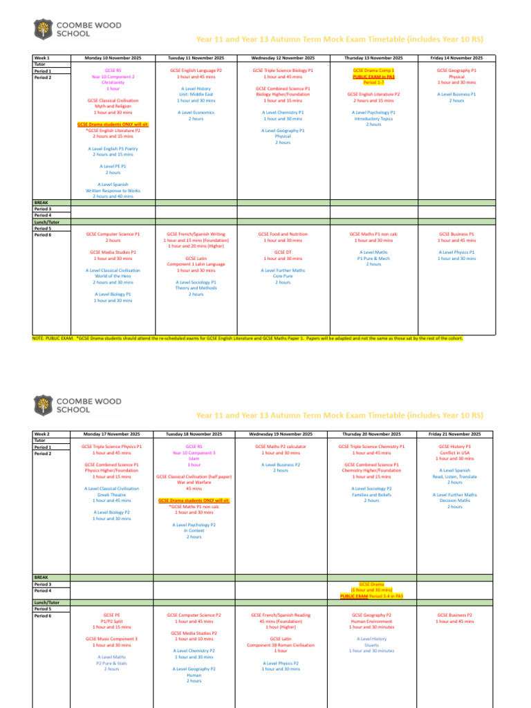 Year 11 & 13 Mock Exam Timetable 2025 | PDF | Science