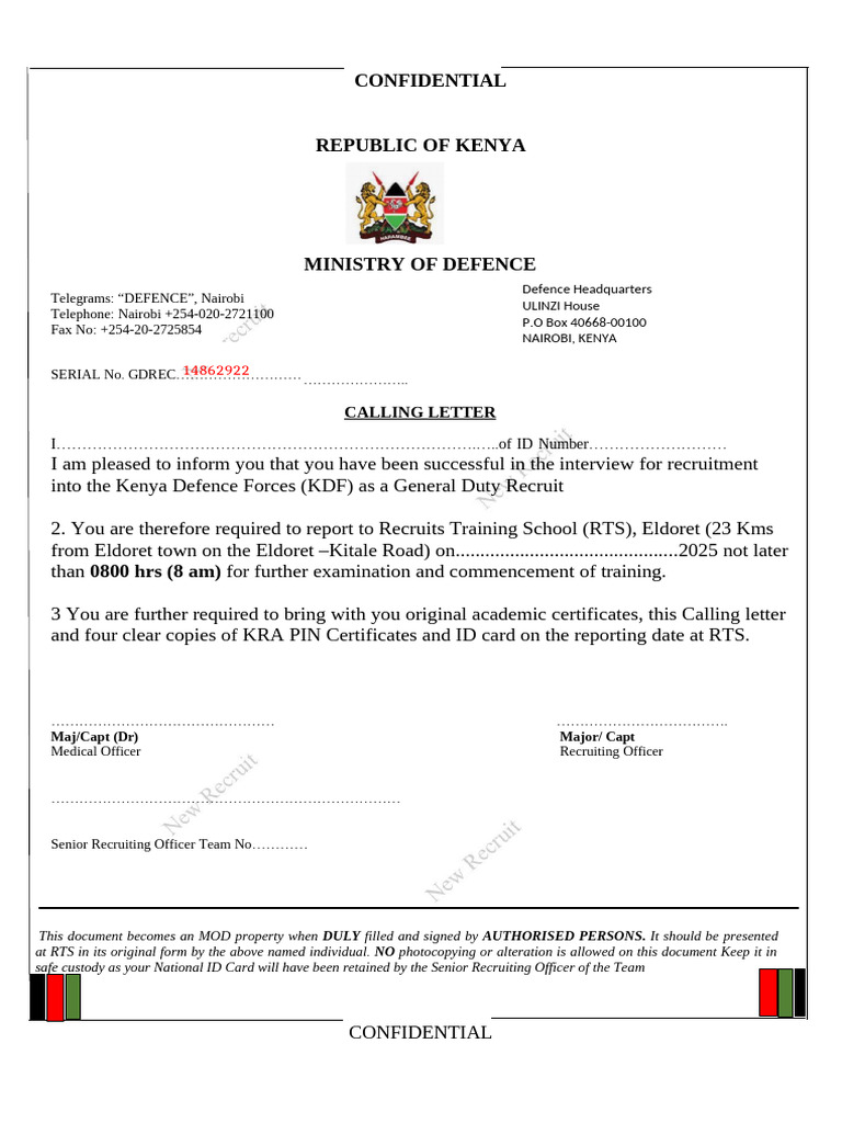KDF Calling Letter for New Recruits 2025 | PDF