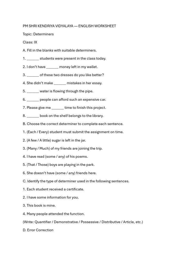 Class IX English Worksheet on Determiners | PDF
