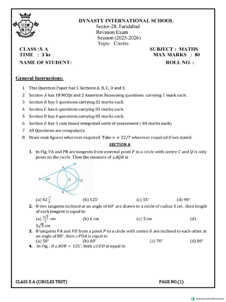 Circles Revision Test | PDF