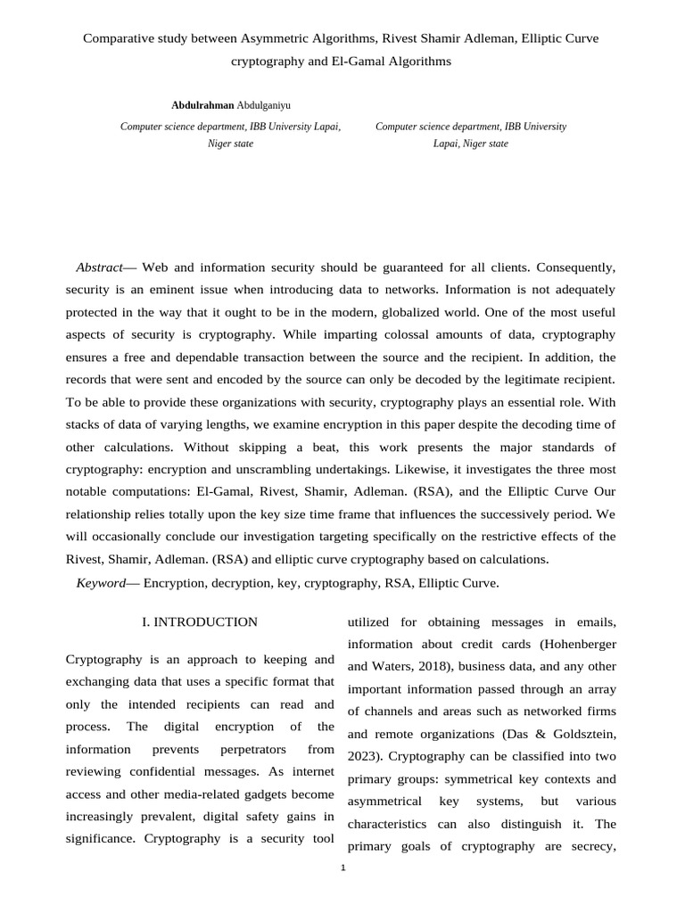 Comparative Study Between Asymmetric Algorithms, Rivest Shamir Adleman ...