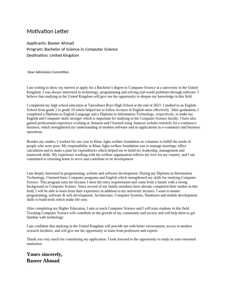 Motivation Letter for UK Computer Science Degree | PDF | Computer ...