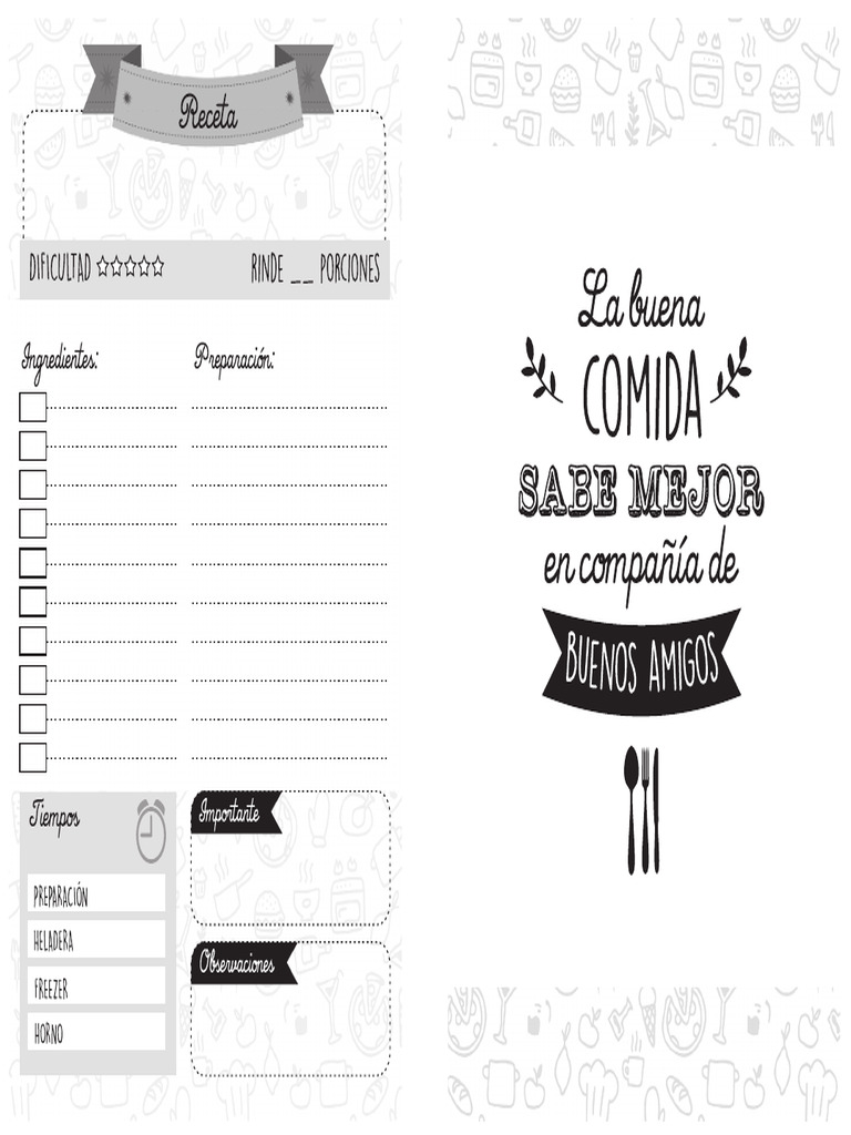 a4 Para Coser (Cuadernillos de 4 Hojas) - Interior Recetario - Estampa Cocina Byn | PDF