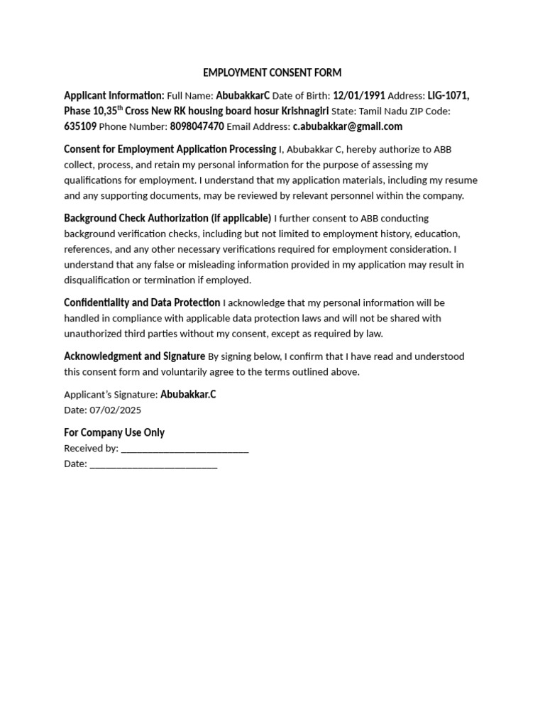 Employment Consent Form | PDF