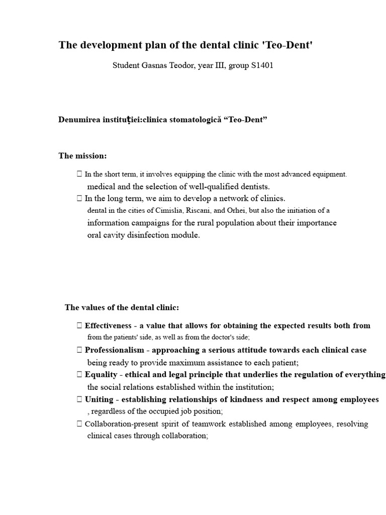 The Development Plan of The Dental Clinic | PDF | Nursing | Dentistry