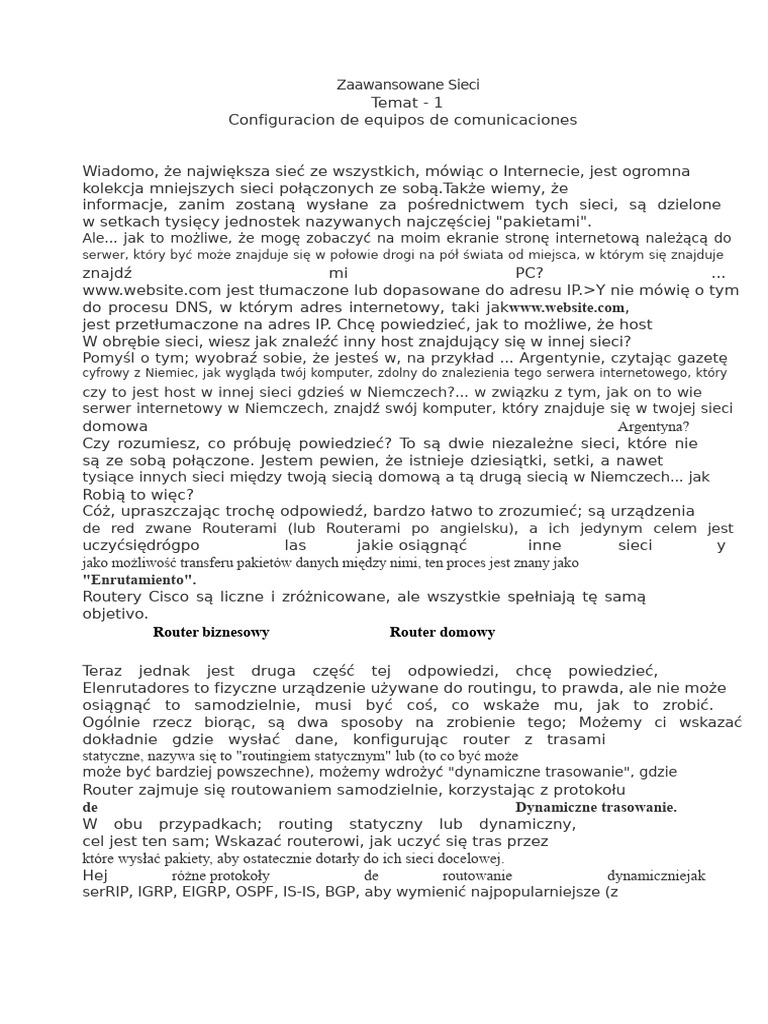 Zaawansowane Sieci Temat - 1 Konfiguracja Urządzeń Komunikacyjnych | PDF