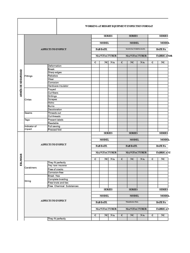 S Equipment Inspection Format For Work at Heights | PDF