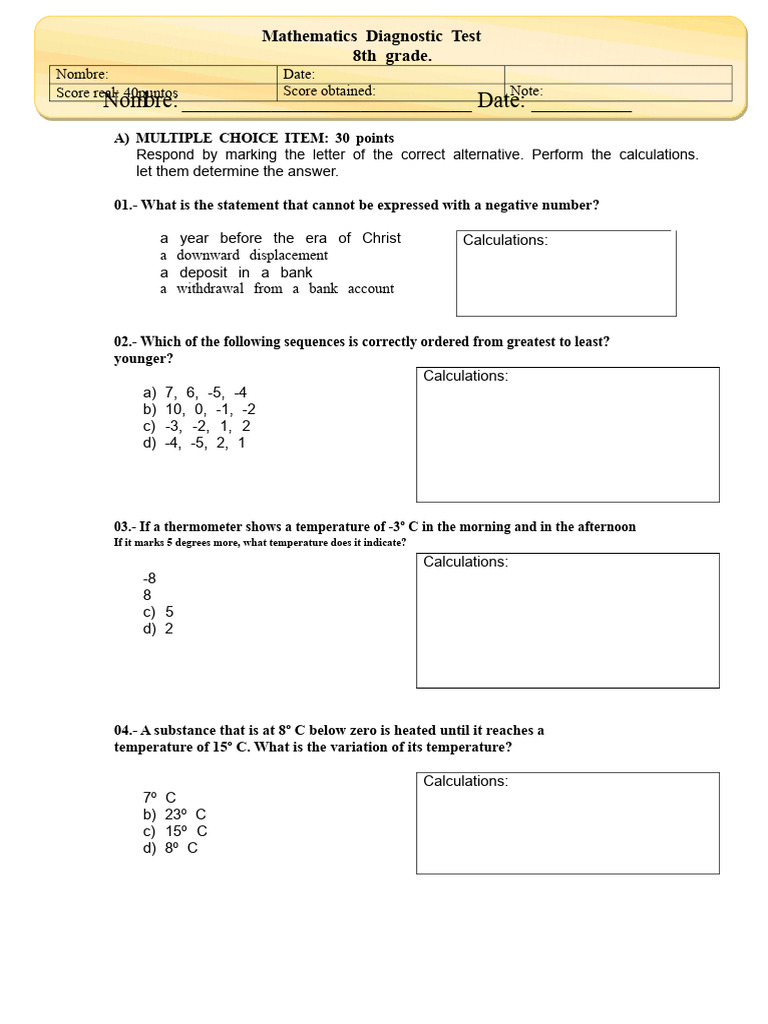 Diagnostic Test Mathematics 8th Grade | PDF | Multiple Choice ...