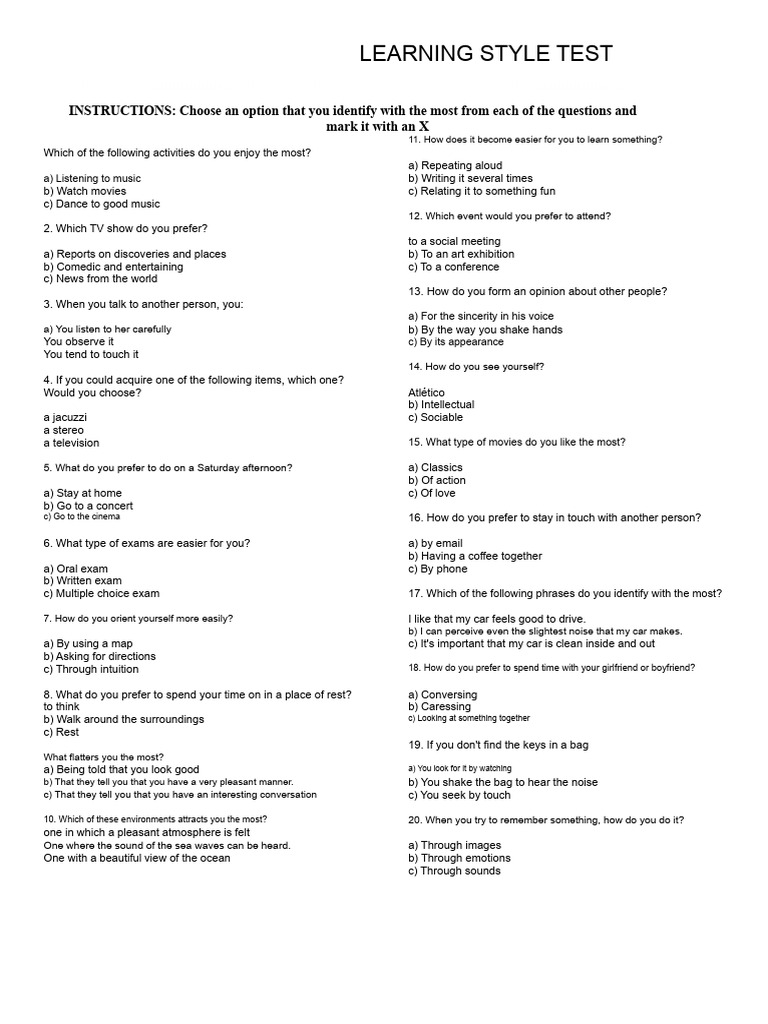 Learning Style Assessment Questionnaire | PDF | Learning Styles | Cognition