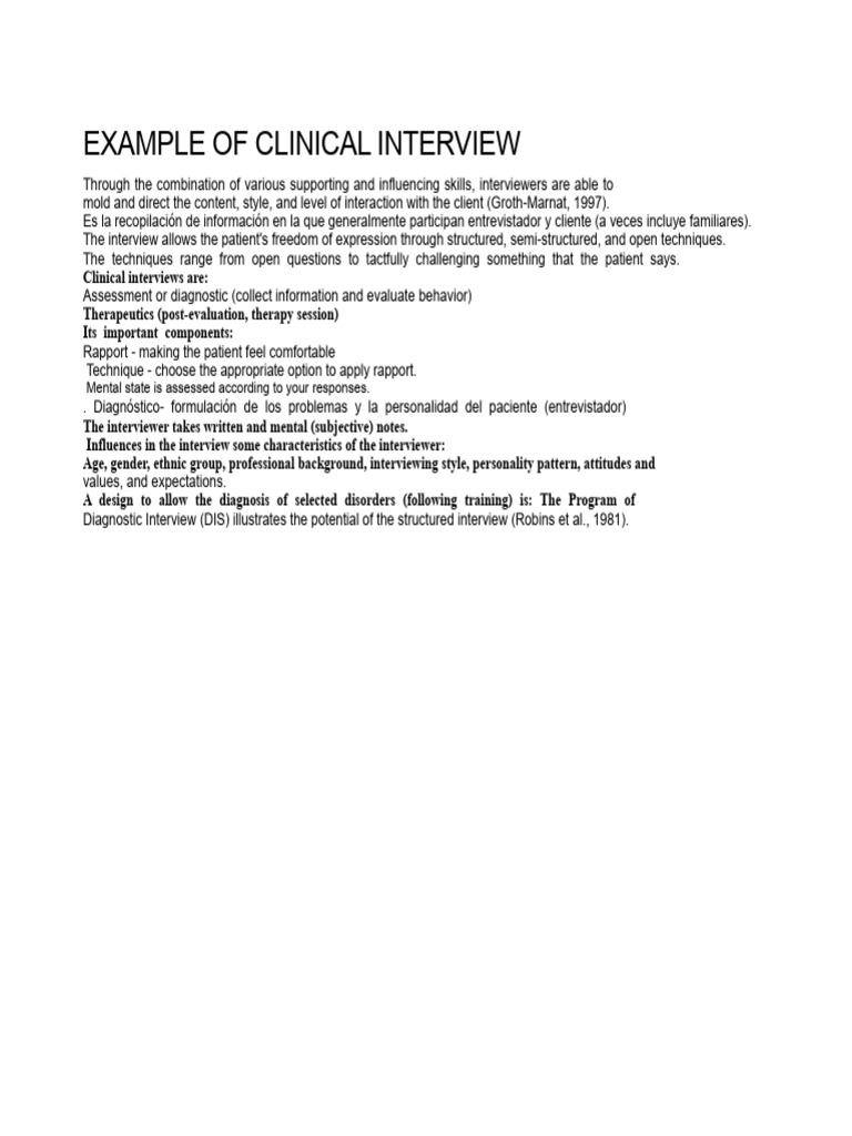Example of A Clinical Interview | PDF | Medical Diagnosis | Psychotherapy