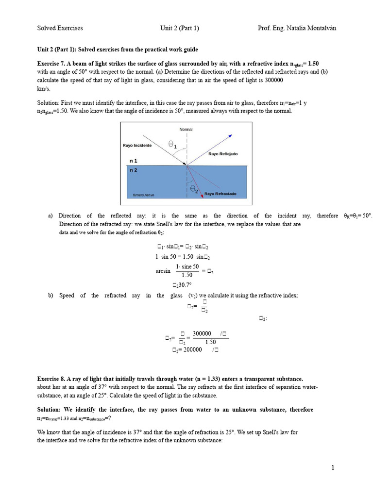 Unit 2 (Part 1 Snell's Law) Solved Exercises | PDF | Refraction ...